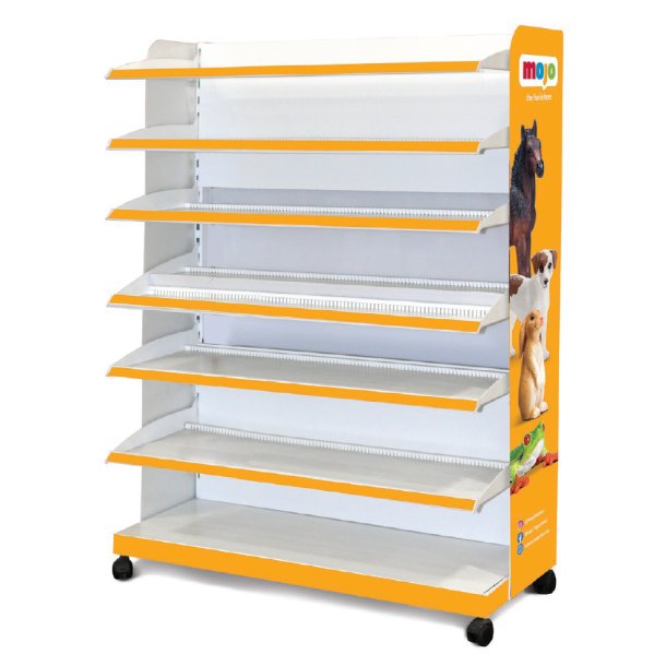 MOJO 100 cm dobbeltsidet gulv Display i metal med hylder og hjul - Mojo ...